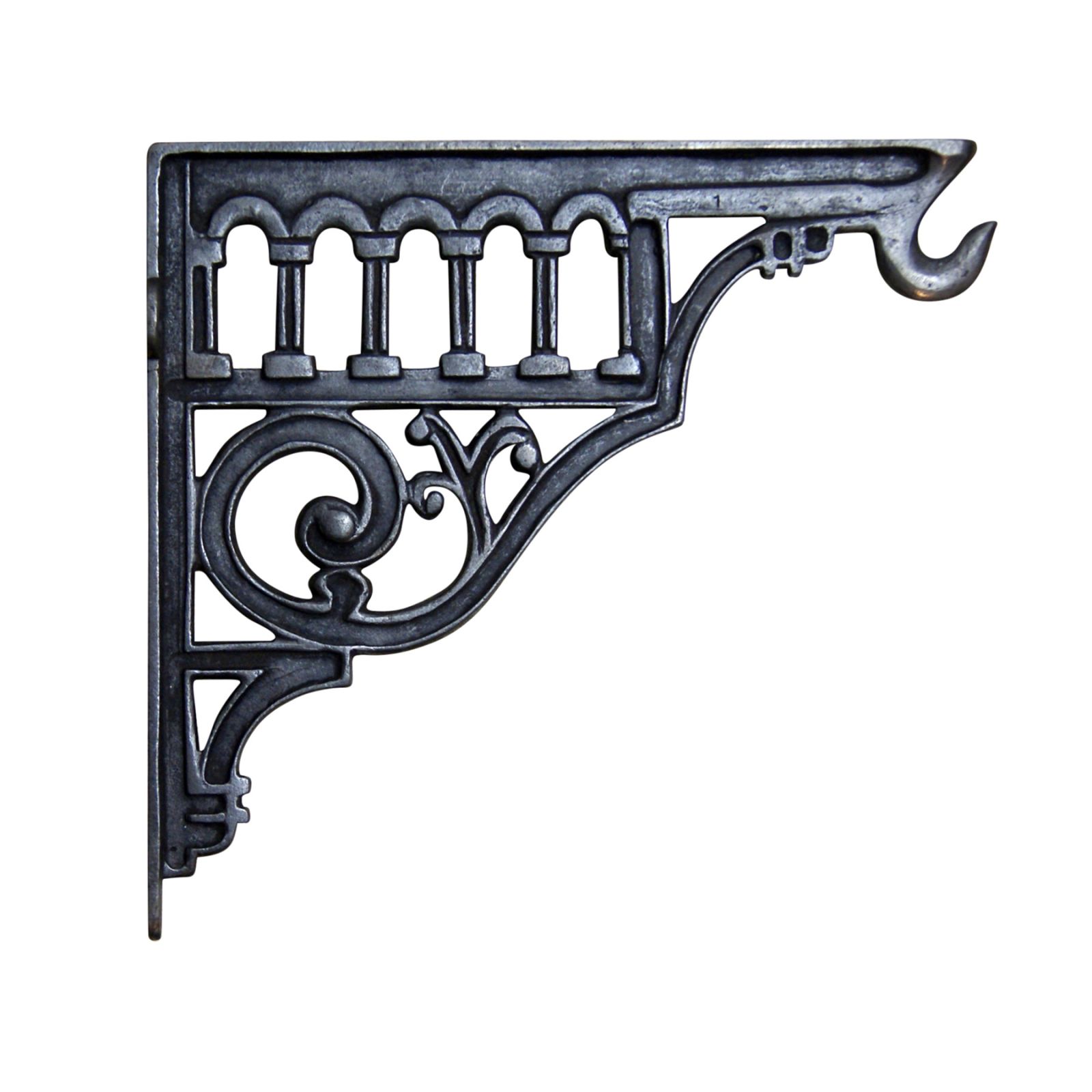 Roman Shelf Bracket with Hook in Antique Iron