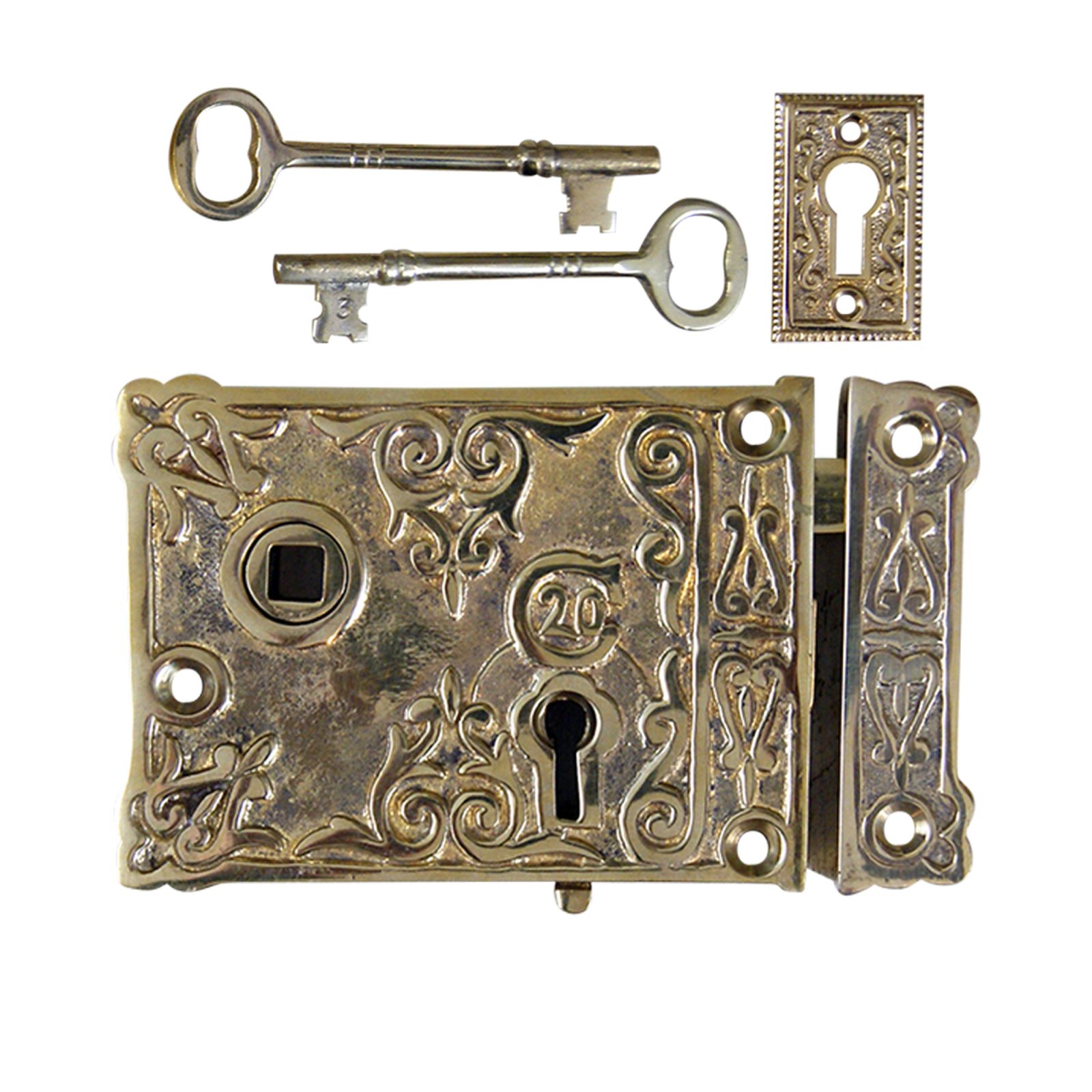 Ornate Brass Rim Lock with keys | Locks | The Victorian Emporium