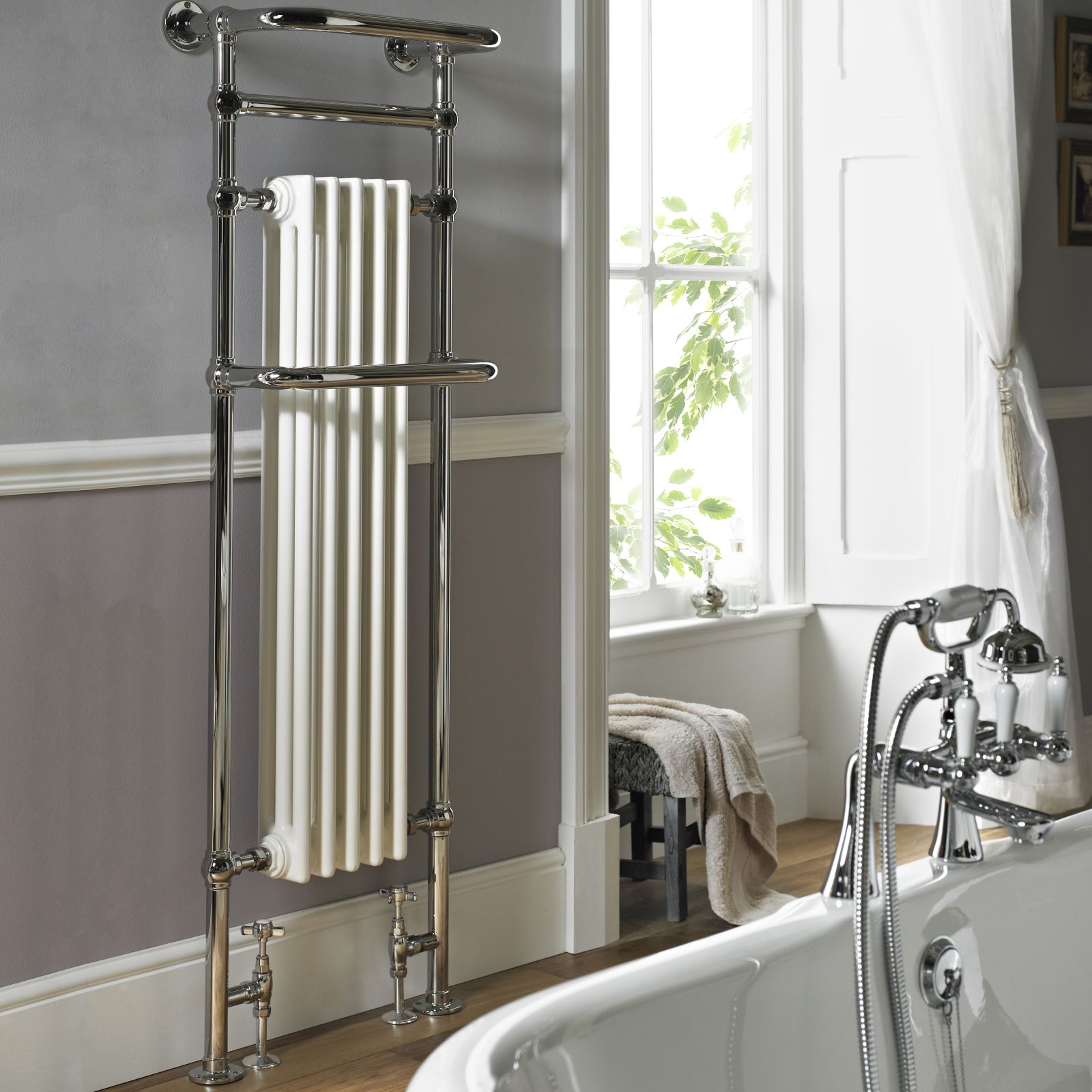 Regency Tall Floor Mounted Brass and Mild Steel Heated Towel Radiator ...