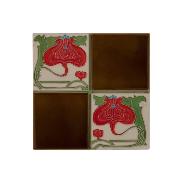 Art Deco fireplace tiles with red flowers and chestnut squares