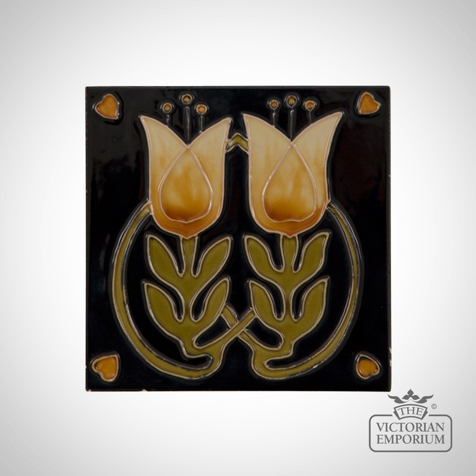 Art Deco fireplace tiles featuring pretty yellow flowers