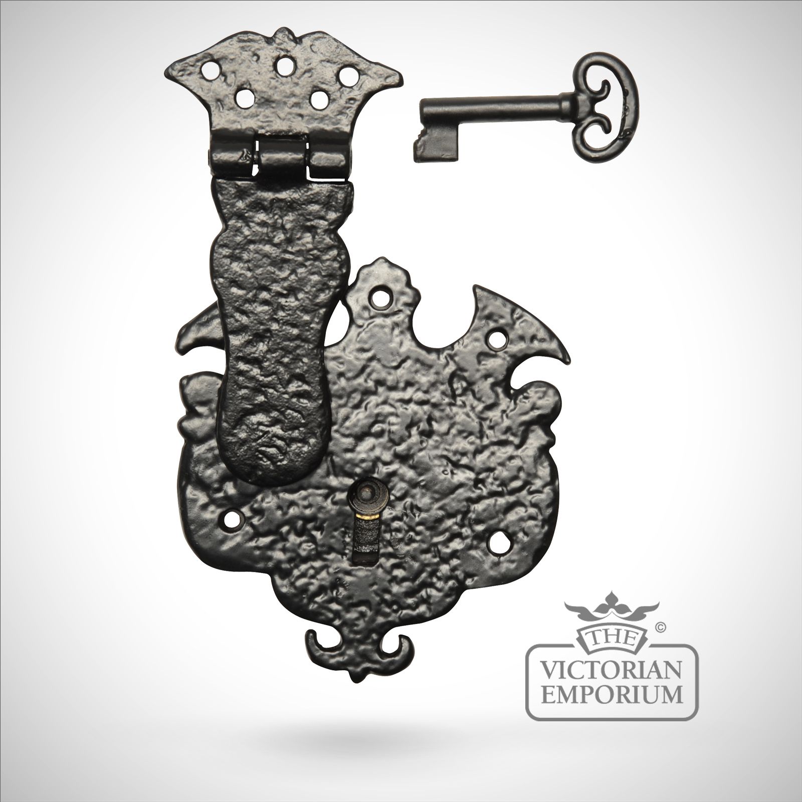 Black iron handcrafted highly ornate drawer lock