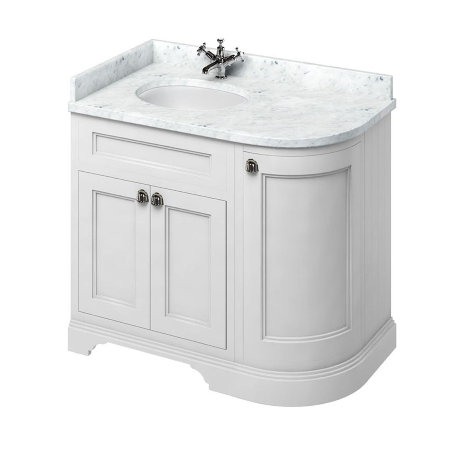Curved corner bathroom basin unit with drawers