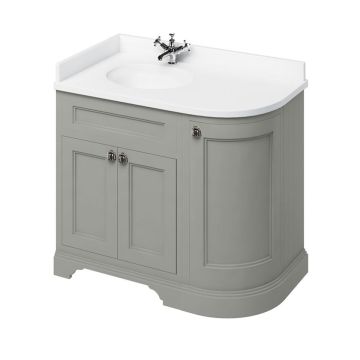 Curved corner bathroom basin unit with drawers