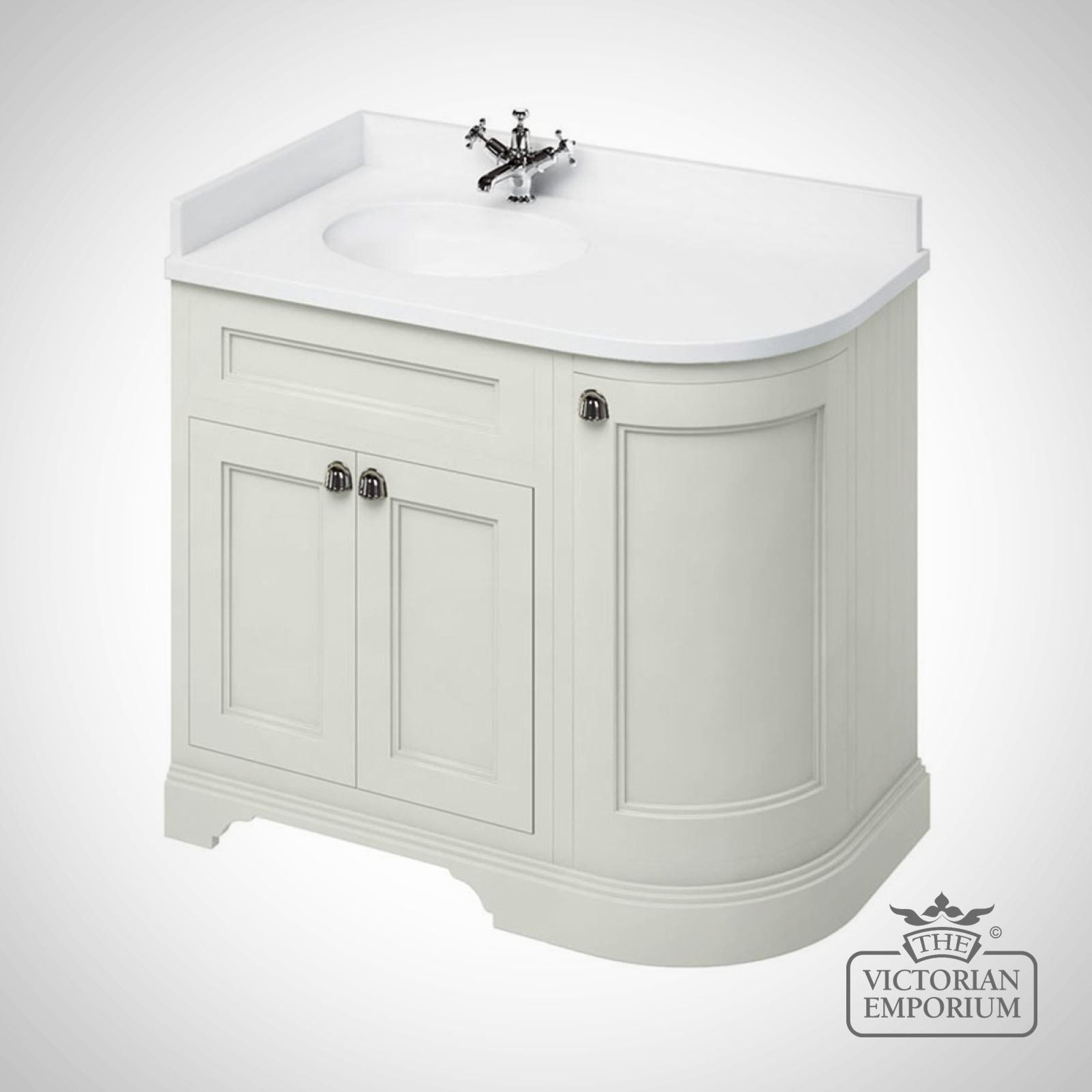 Curved corner bathroom basin unit with drawers