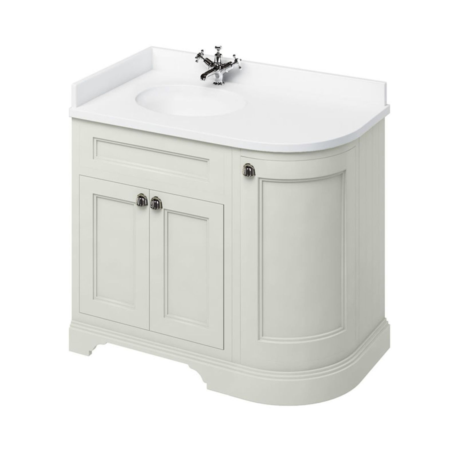 Curved corner bathroom basin unit with drawers