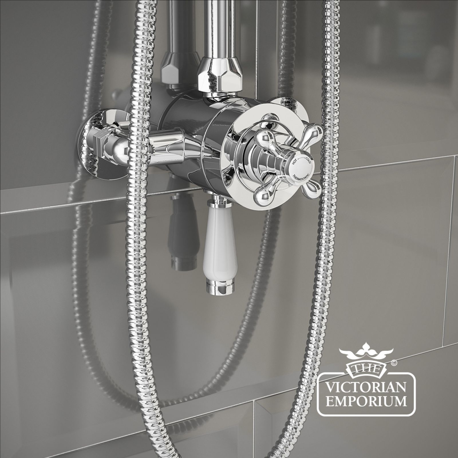 Traditional exposed thermostatic valve with porcelain control